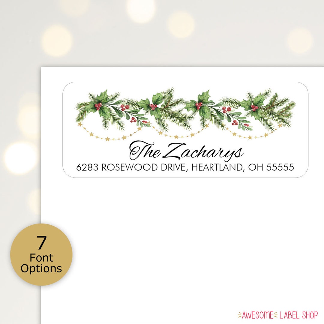 Christmas Watercolor Garland Address Labels With Gold Stars, Holiday ...