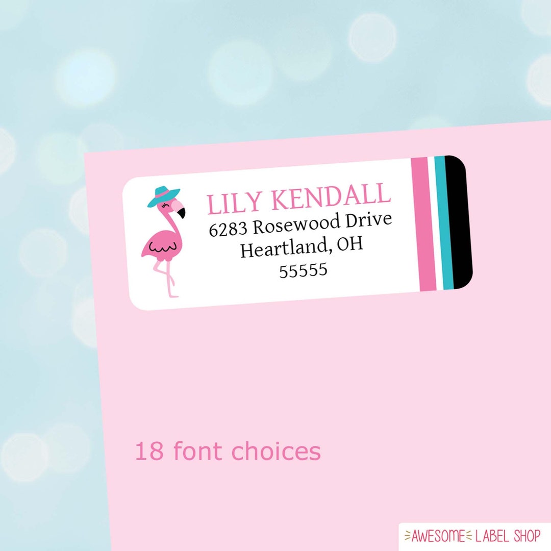 Flamingo Address Labels, Pink Flamingo in Blue Hat, Return Address Stickers, Tropical Address ...