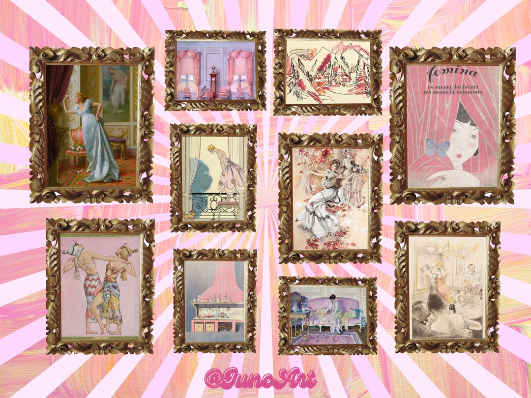Set of 12 Pink Antique Art Prints, Digital Download, Printable Wall Art ...