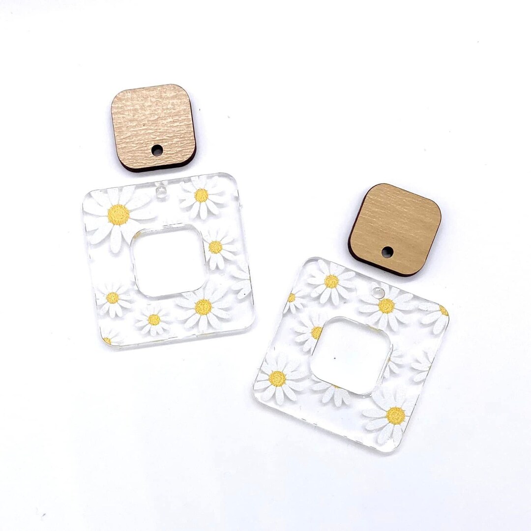 Transparent Frosted Daisy Cutout Squares W/ Wood Connector Earrings ...