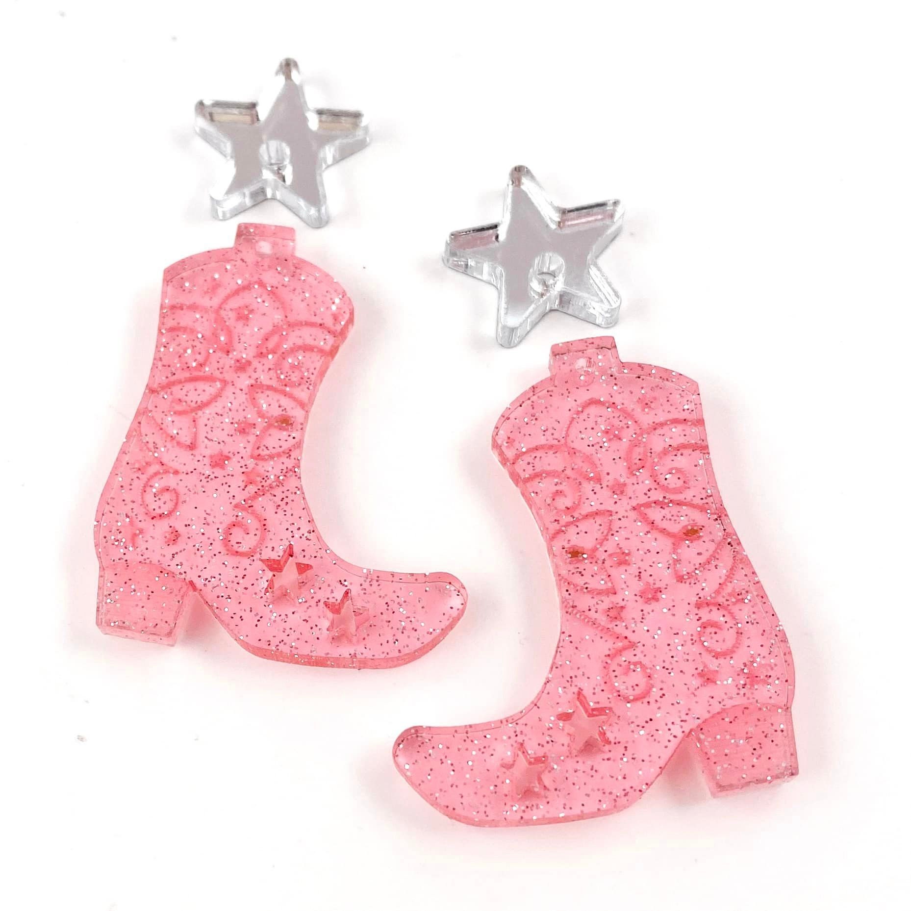 Pink Glitter Star Cowboy Boot Acrylic Earring Blanks - DIY Disco ...