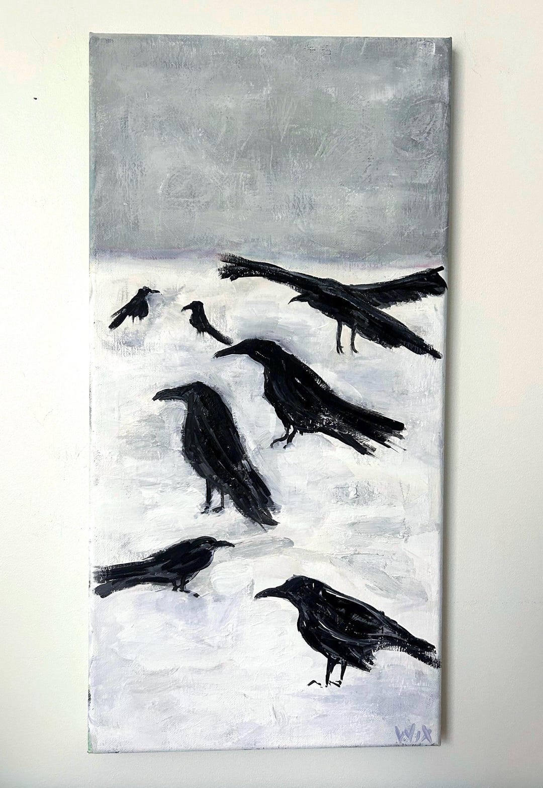 Snow Crows. Original 10X20 Crows in Snow Grey Painting Outsider Art ...
