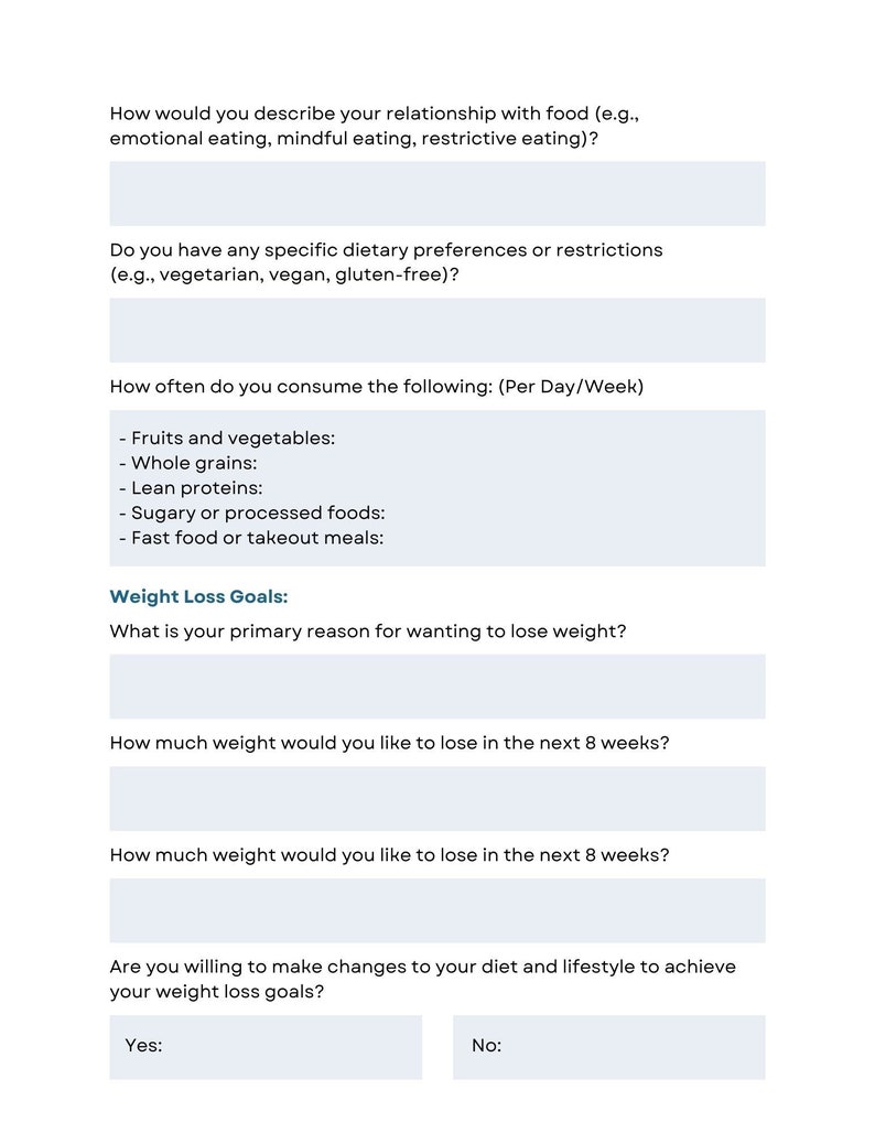 Client Assessment for Diet & Exercise PDF - Etsy