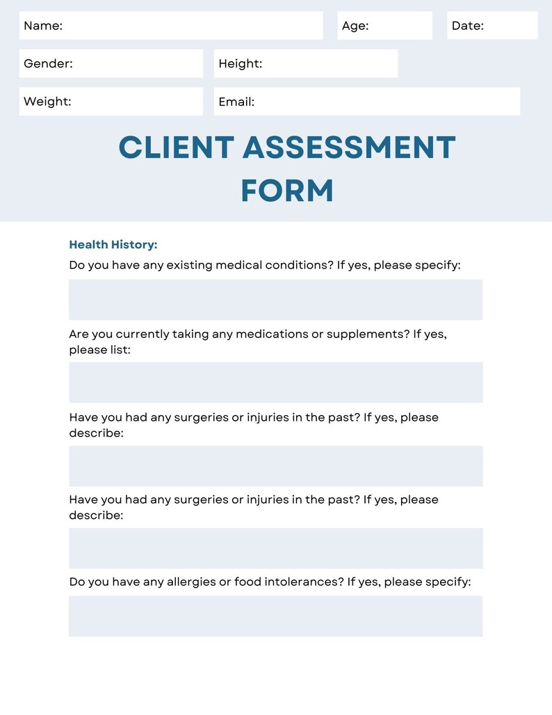 Client Assessment for Diet & Exercise PDF - Etsy