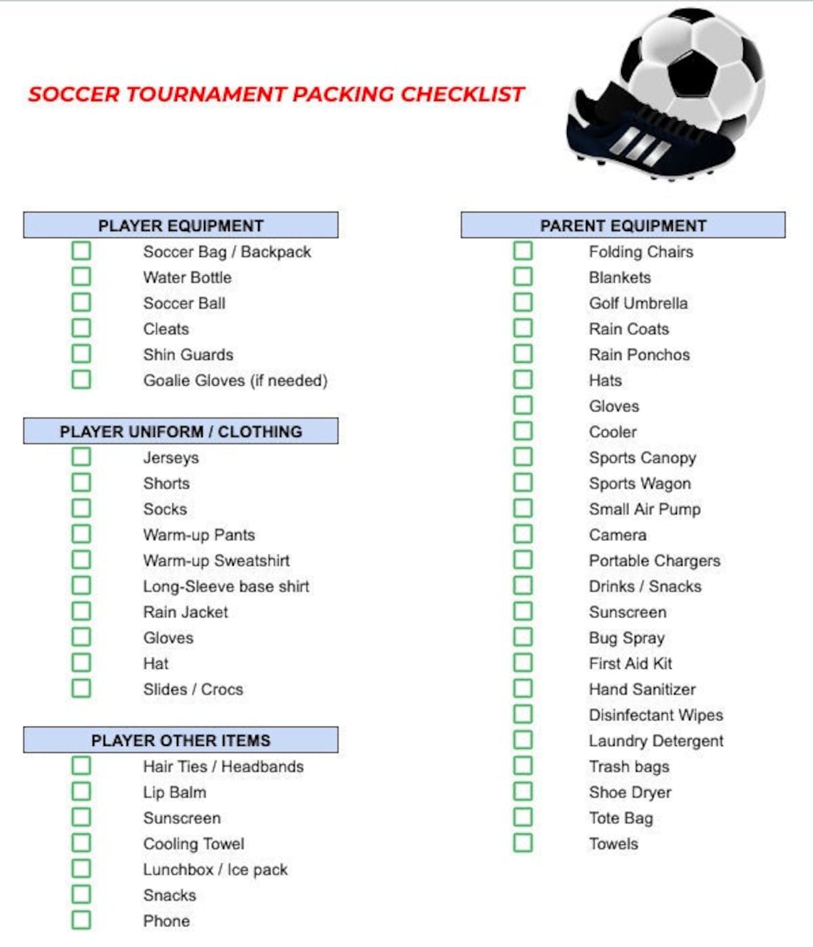 Soccer Tournament Packing Checklist Printable - Etsy
