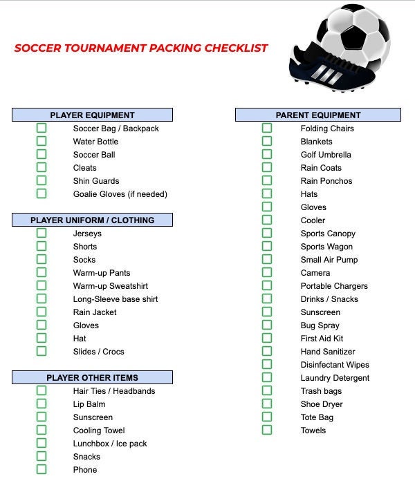 Soccer Tournament Packing Checklist Printable - Etsy