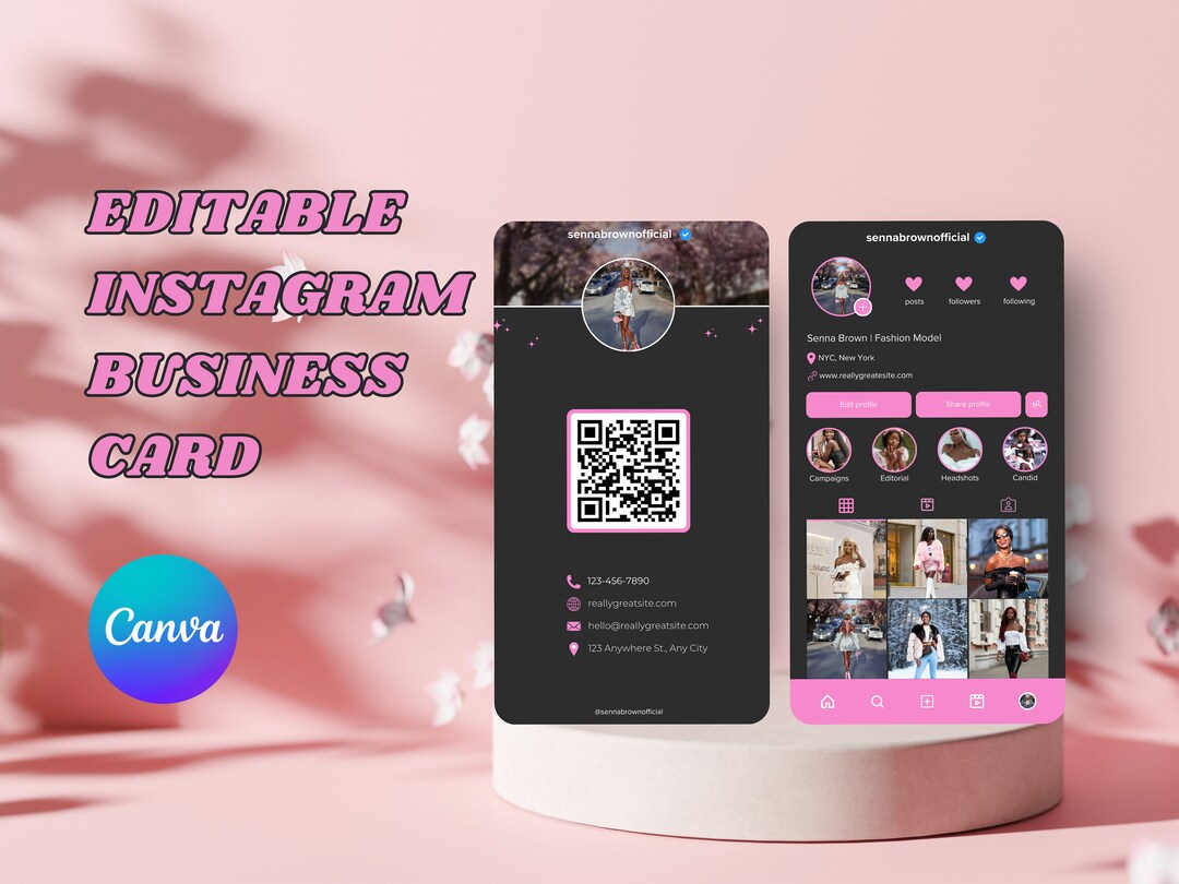 Pink Instagram Business Card Template Canva Editable Bold Instagram ...