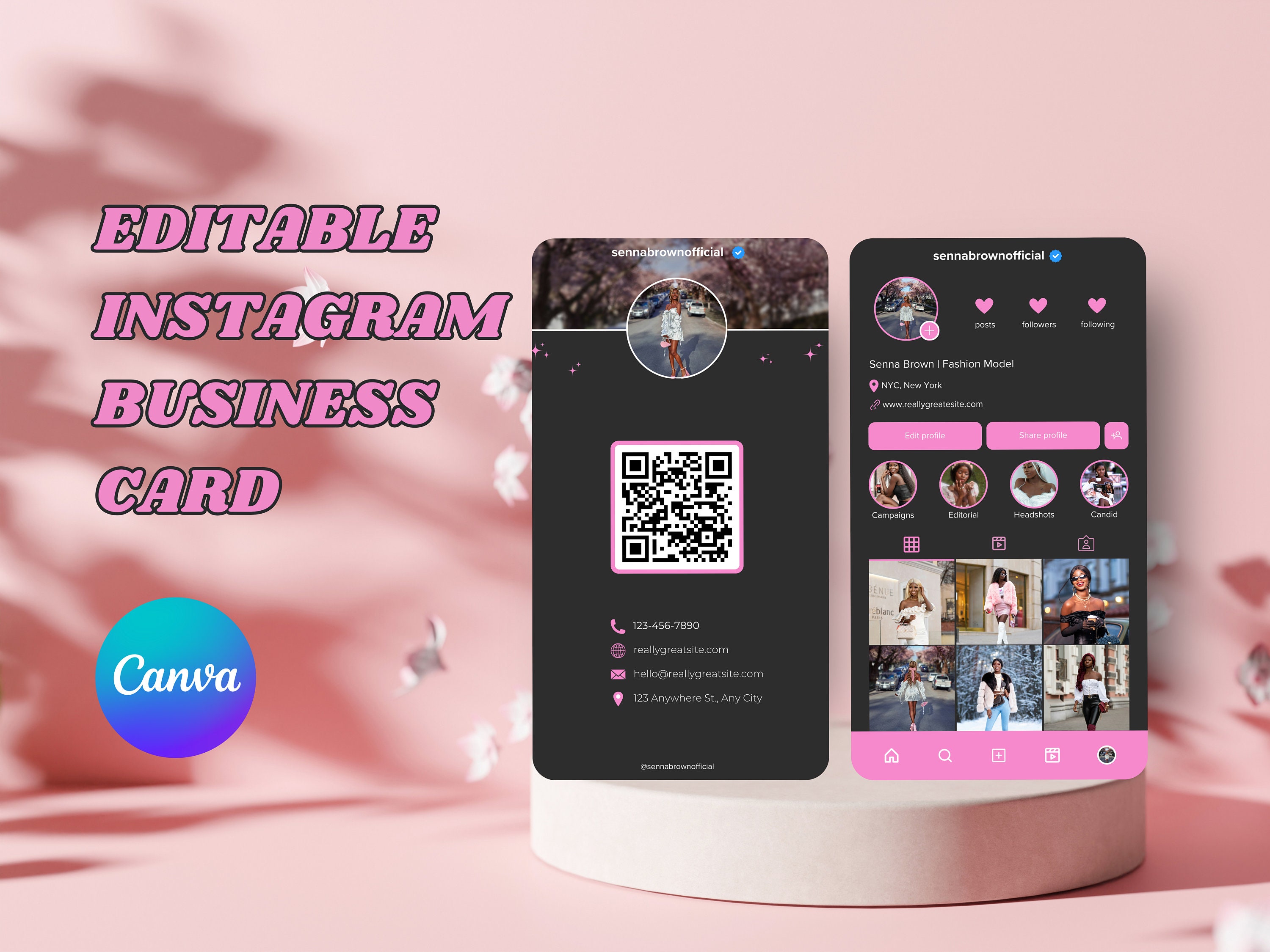 Pink Instagram Business Card Template Canva Editable Bold Instagram ...
