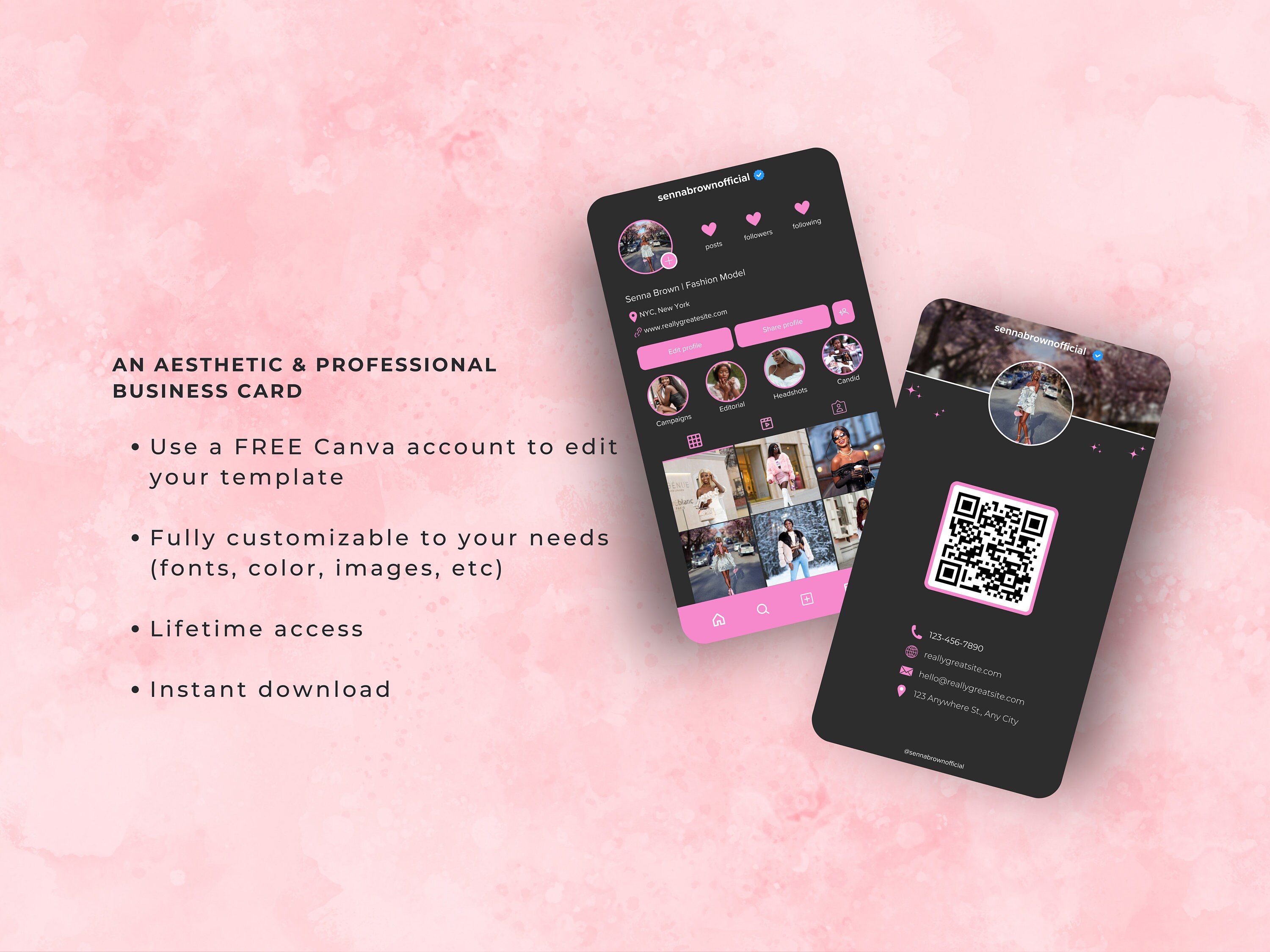 Pink Instagram Business Card Template Canva Editable Bold Instagram ...
