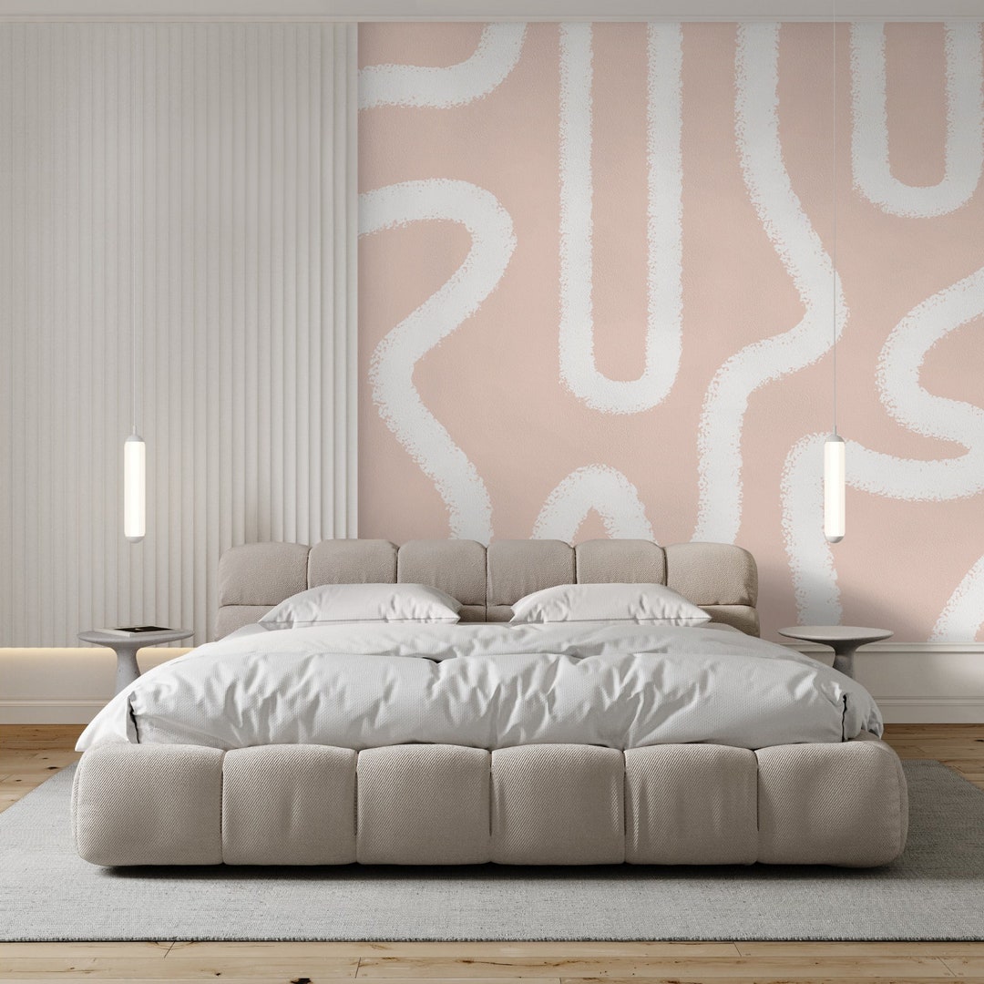 Peach Fuzz & White Lines Self Adhesive Wall Mural - Abstract Boho Peel ...
