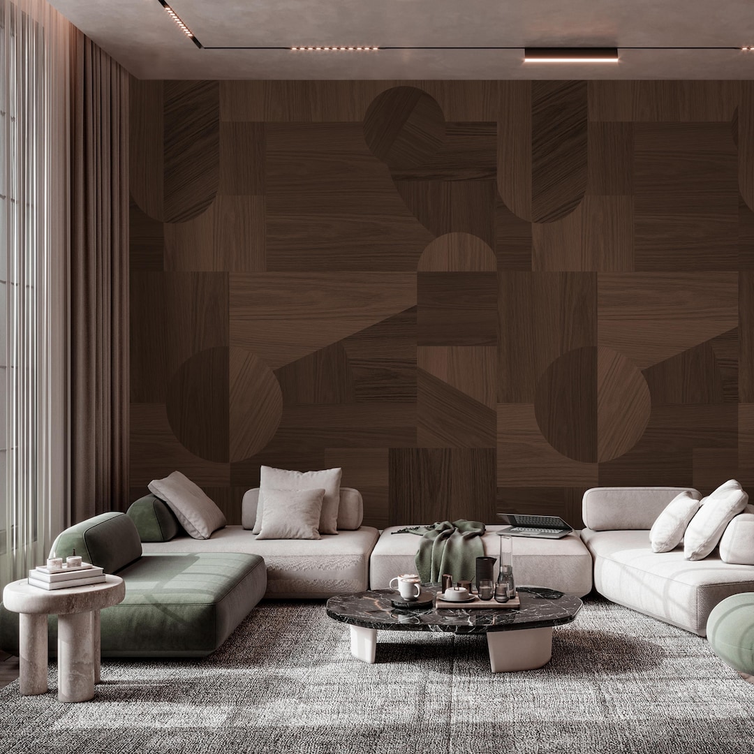 Dark Walnut Faux Wood Texture Wall Mural - Wooden Mosaic Japandi ...
