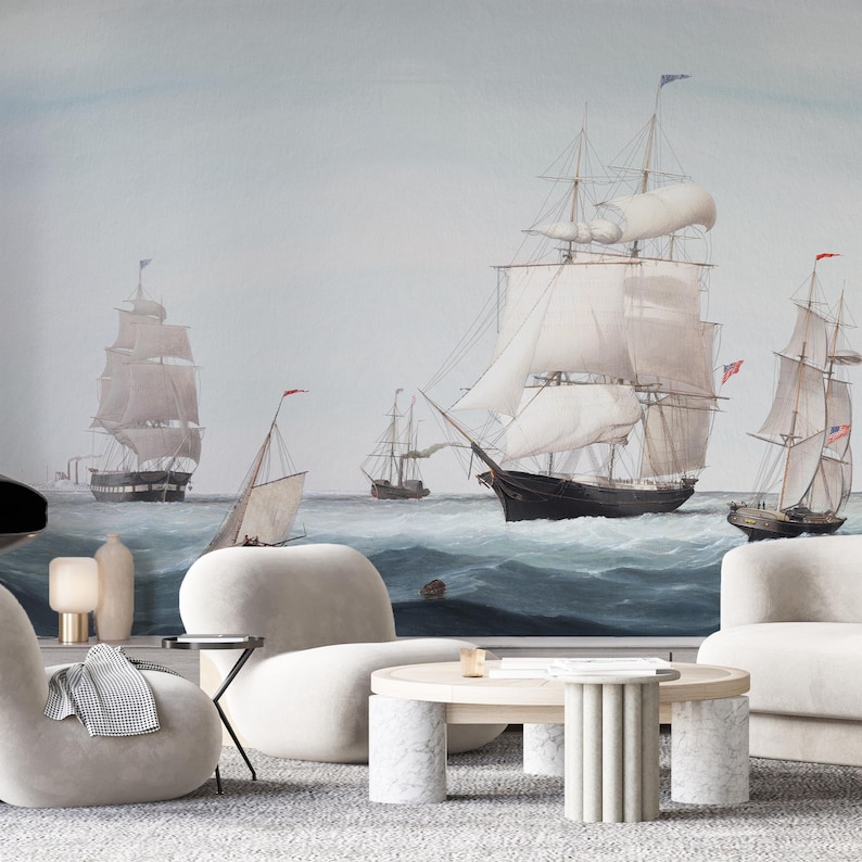 Vintage Sailboats Sailing Ship Wall Mural - Watercolor Nautical Ocean ...
