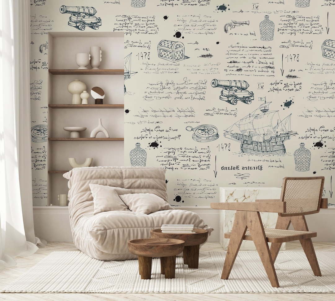 Old Pirate Map Ship Sketch Wall Mural - Vintage Maritime Peel and Stick ...