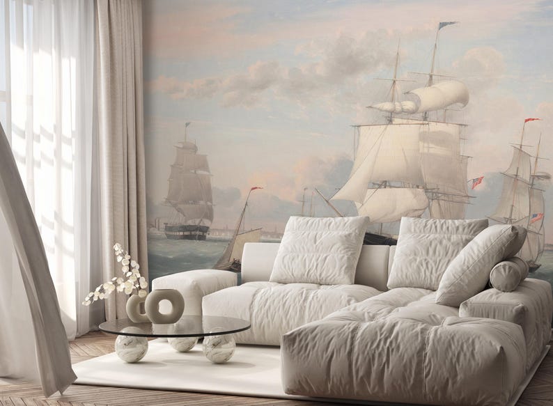 Nautical Vintage Sailboats Wall Mural - Watercolor Retro Ships Peel and ...