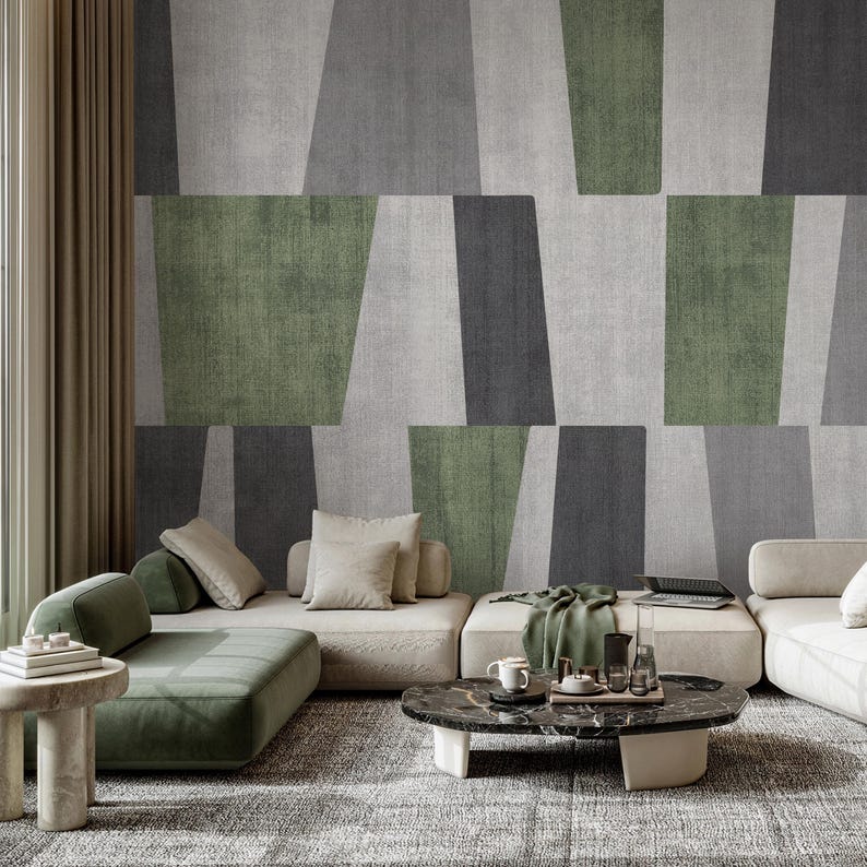 Green Gray Geometric Shapes Wall Mural - Abstract Modern Art Peel and ...