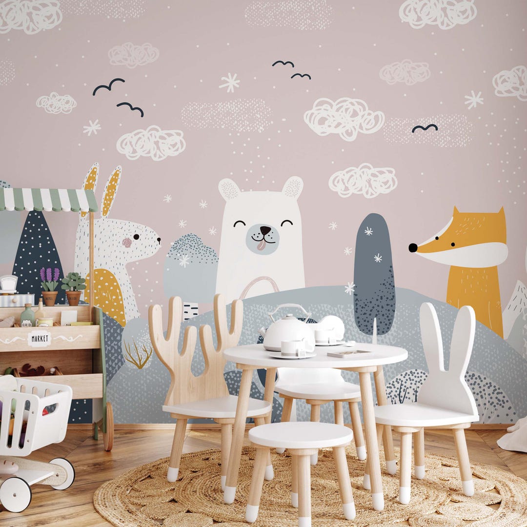 Pink Blue Cute Animal Peel & Stick Wall Mural - Cartoon Print Self ...