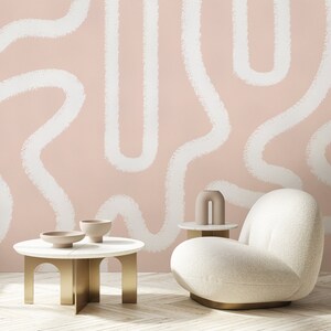 Peach Fuzz & White Lines Self Adhesive Wall Mural - Abstract Boho Peel ...
