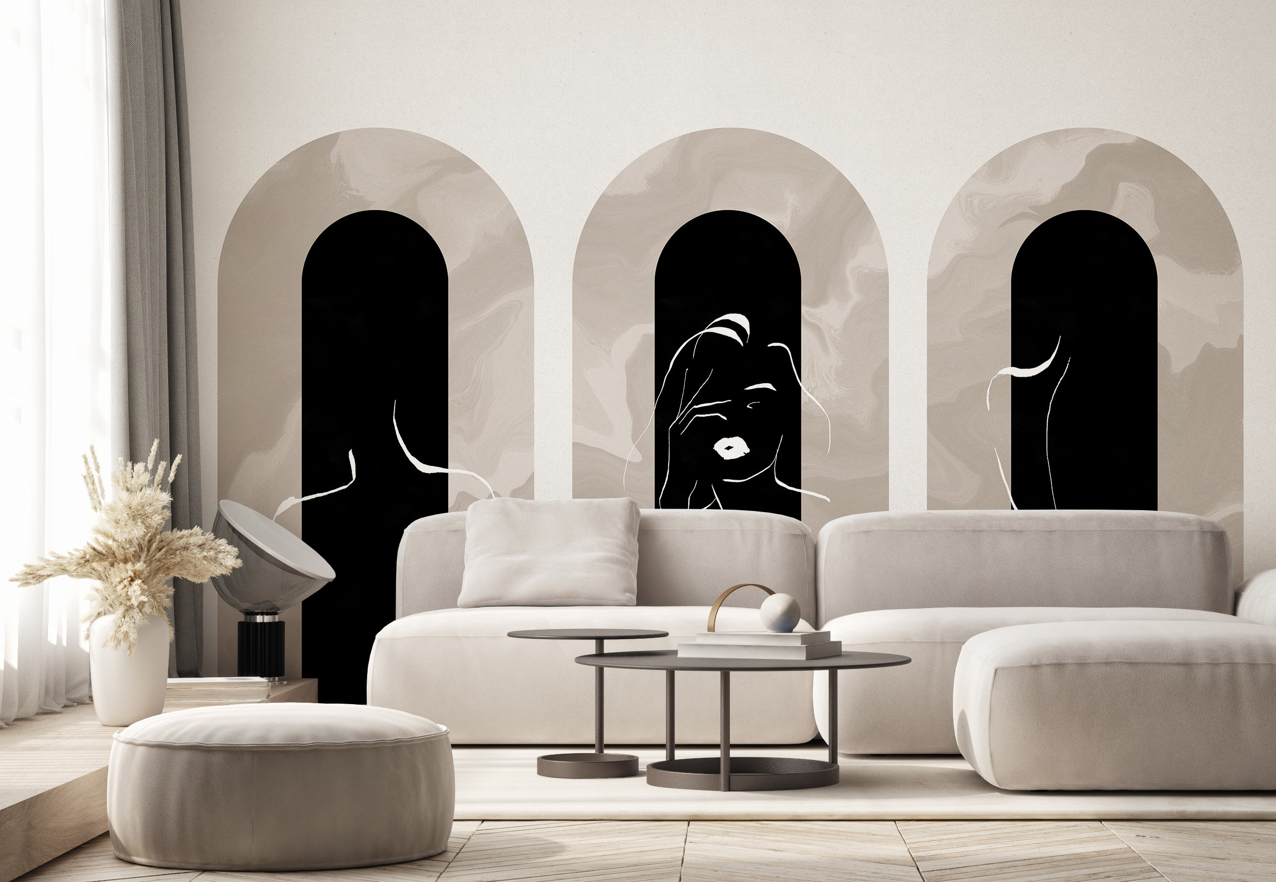 Beige Arches & Girl Lines Self Adhesive Wall Mural Abstract Paint Peel ...