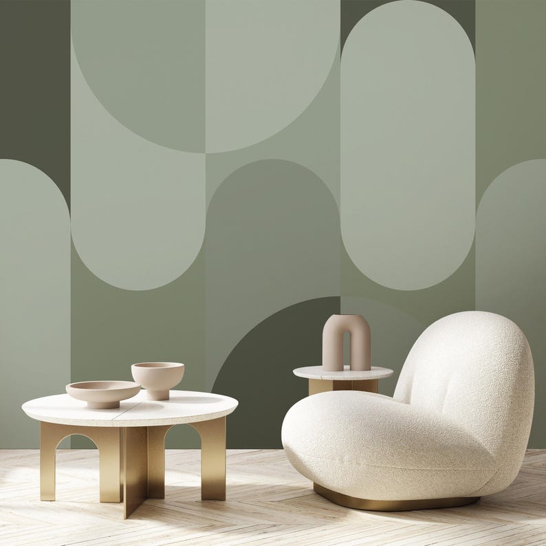 Sage Green Arches Wallpaper Wall Mural - Abstract Boho Olive Geometric ...