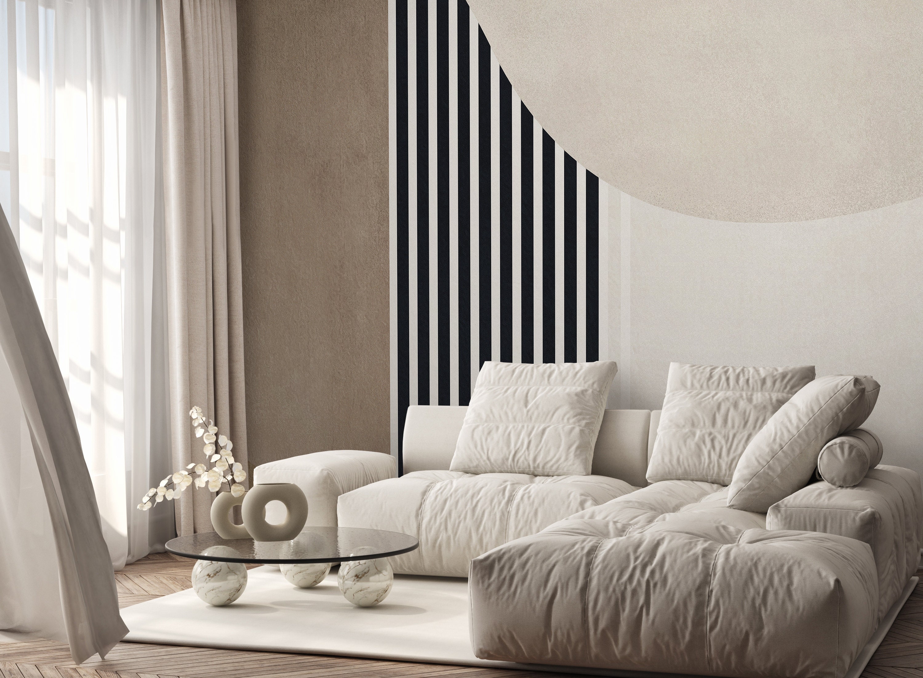 Beige Black Shapes Self Adhesive Wall Mural Abstract Geometric Peel and ...