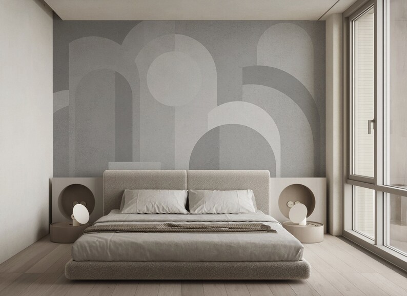 Gray Geometric Shapes Self Adhesive Wall Mural - Boho Arches Peel and ...