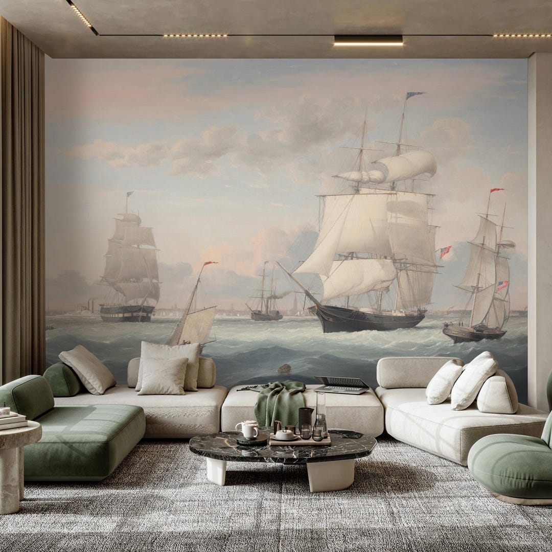 Nautical Vintage Sailboats Wall Mural - Watercolor Retro Ships Peel and ...