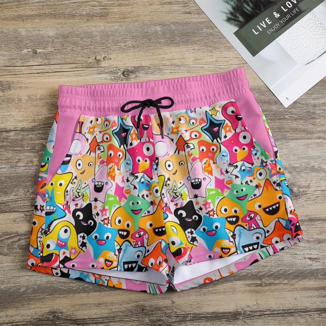 Cute Pink Lounge Shorts, Women's Cartoon Workout Streetwear, Comfy ...