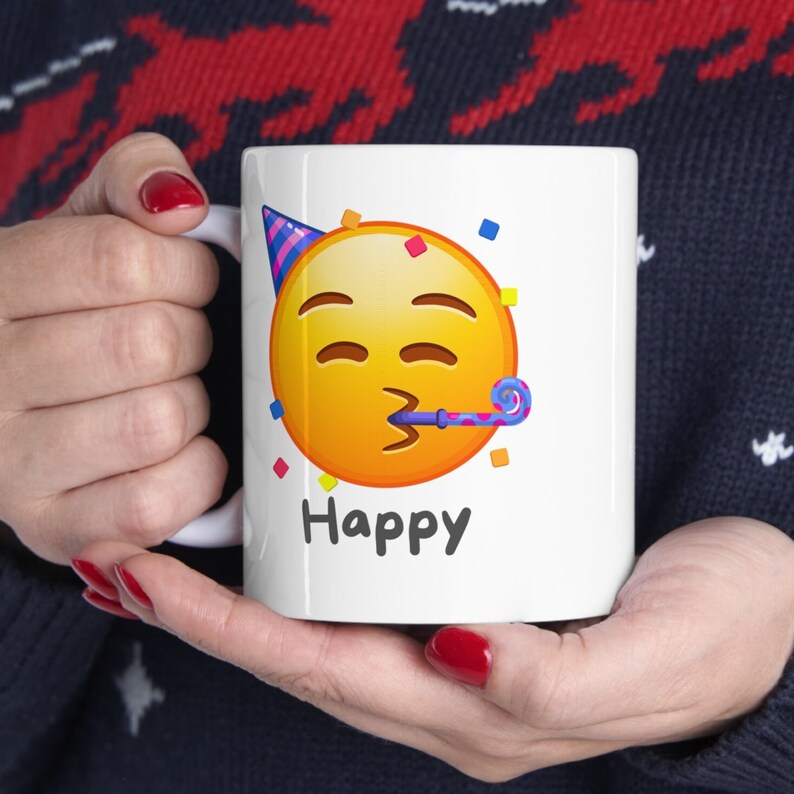 3 Emoji Coffee Mugs, Smiling Face Emoji, OMG Face Emoji, Partying Face ...