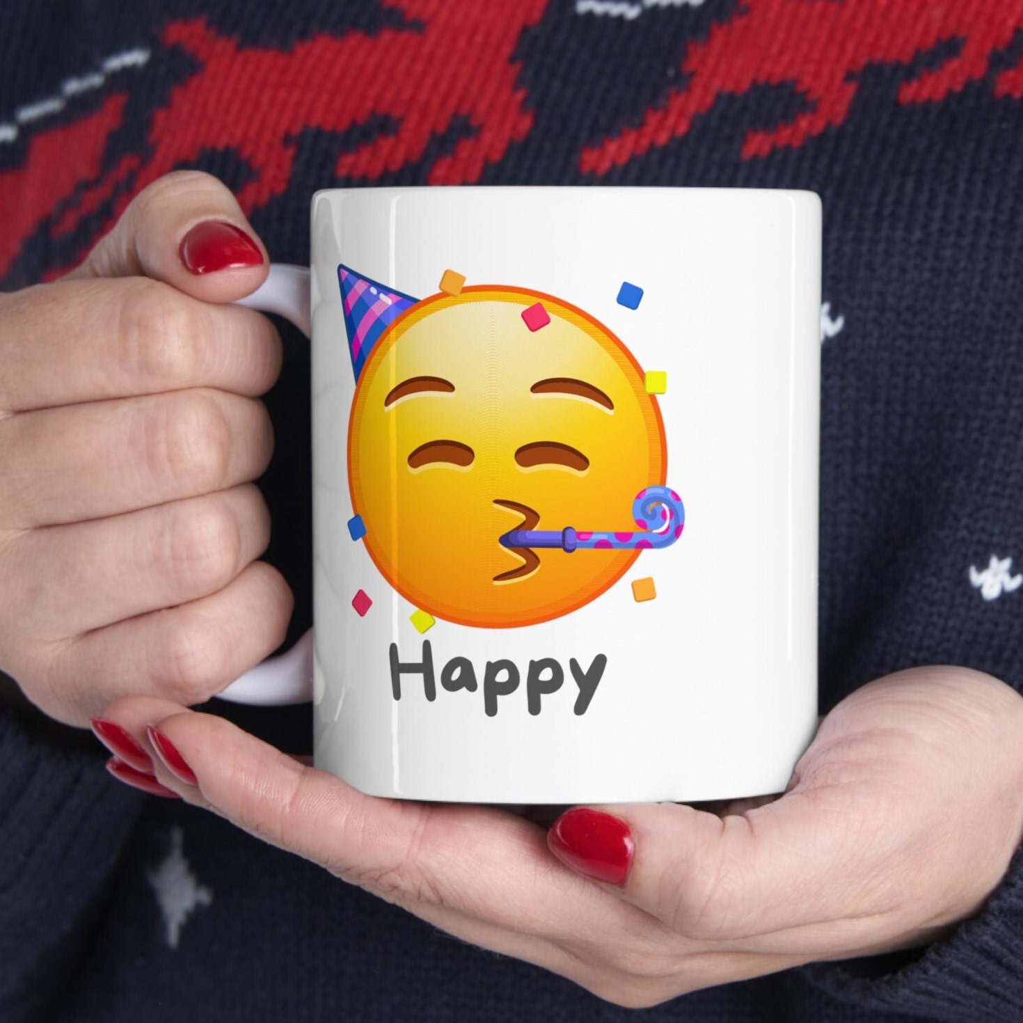 3 Emoji Coffee Mugs, Smiling Face Emoji, OMG Face Emoji, Partying Face ...