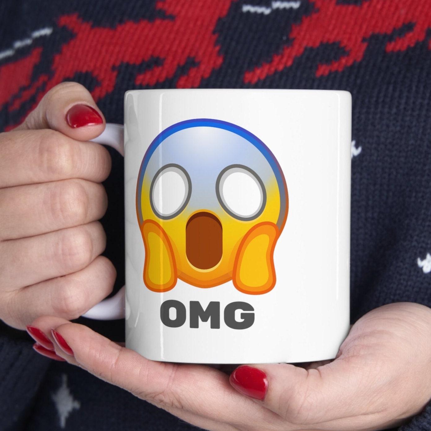 3 Emoji Coffee Mugs, Smiling Face Emoji, OMG Face Emoji, Partying Face ...