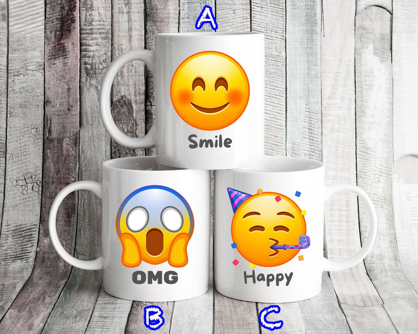 3 Emoji Coffee Mugs, Smiling Face Emoji, OMG Face Emoji, Partying Face ...