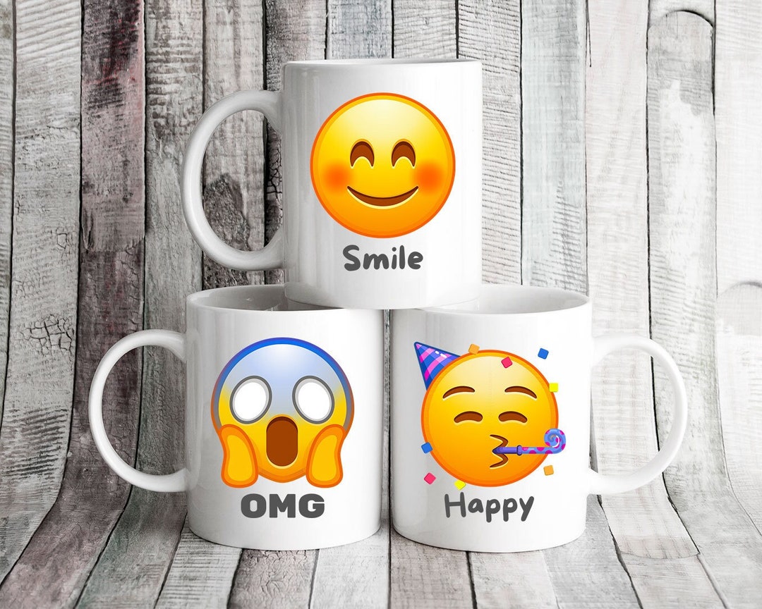 3 Emoji Coffee Mugs, Smiling Face Emoji, OMG Face Emoji, Partying Face ...