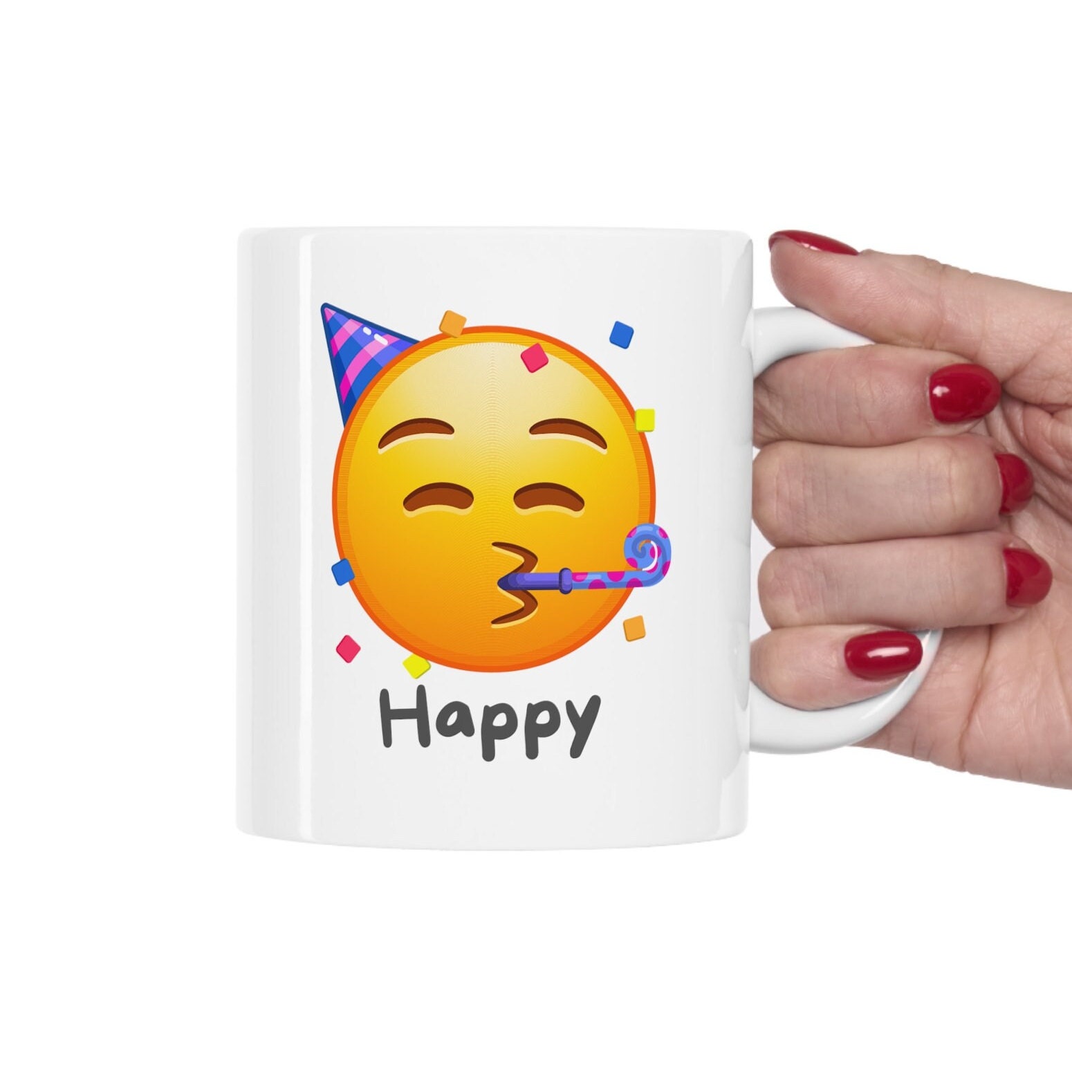 3 Emoji Coffee Mugs, Smiling Face Emoji, OMG Face Emoji, Partying Face ...