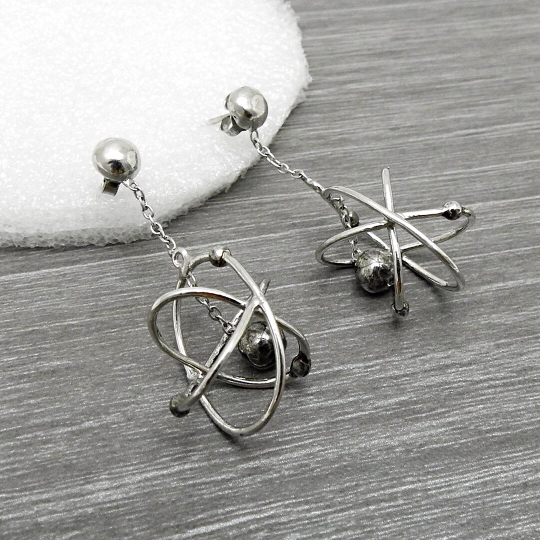 Designer Atoms Long 925 Sterling Silver Earrings Unique 3D Atom Earrings Long Dangler Drop ...
