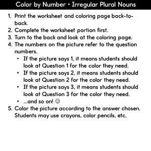 Color by Number Grammar - Irregular Plural Nouns - No Prep Printables ...