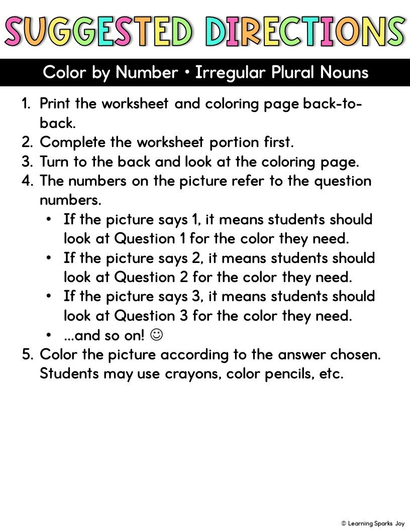 Color by Number Grammar Irregular Plural Nouns No Prep Printables - Etsy