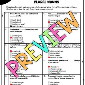 Color by Number Grammar - Irregular Plural Nouns - No Prep Printables ...