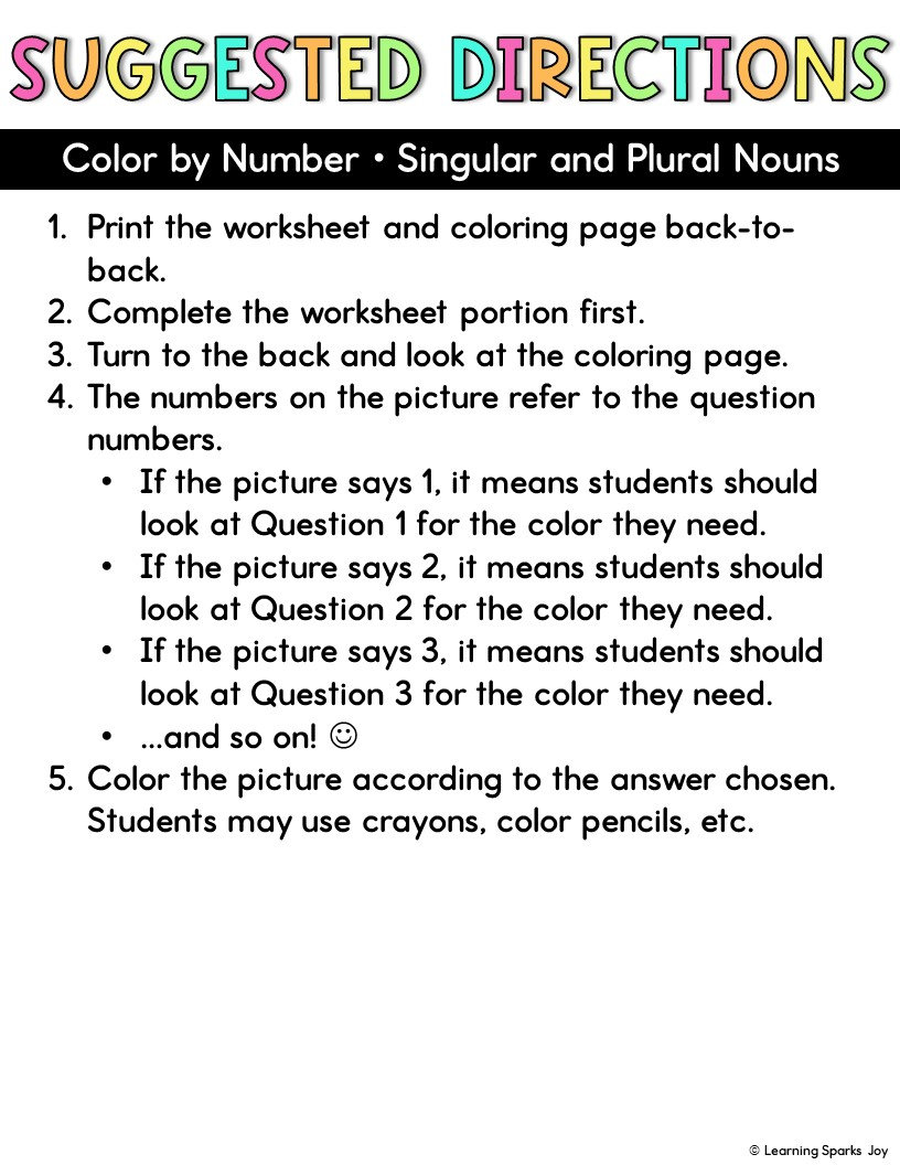 Color by Number Grammar - Singular and Plural Nouns - No Prep ...