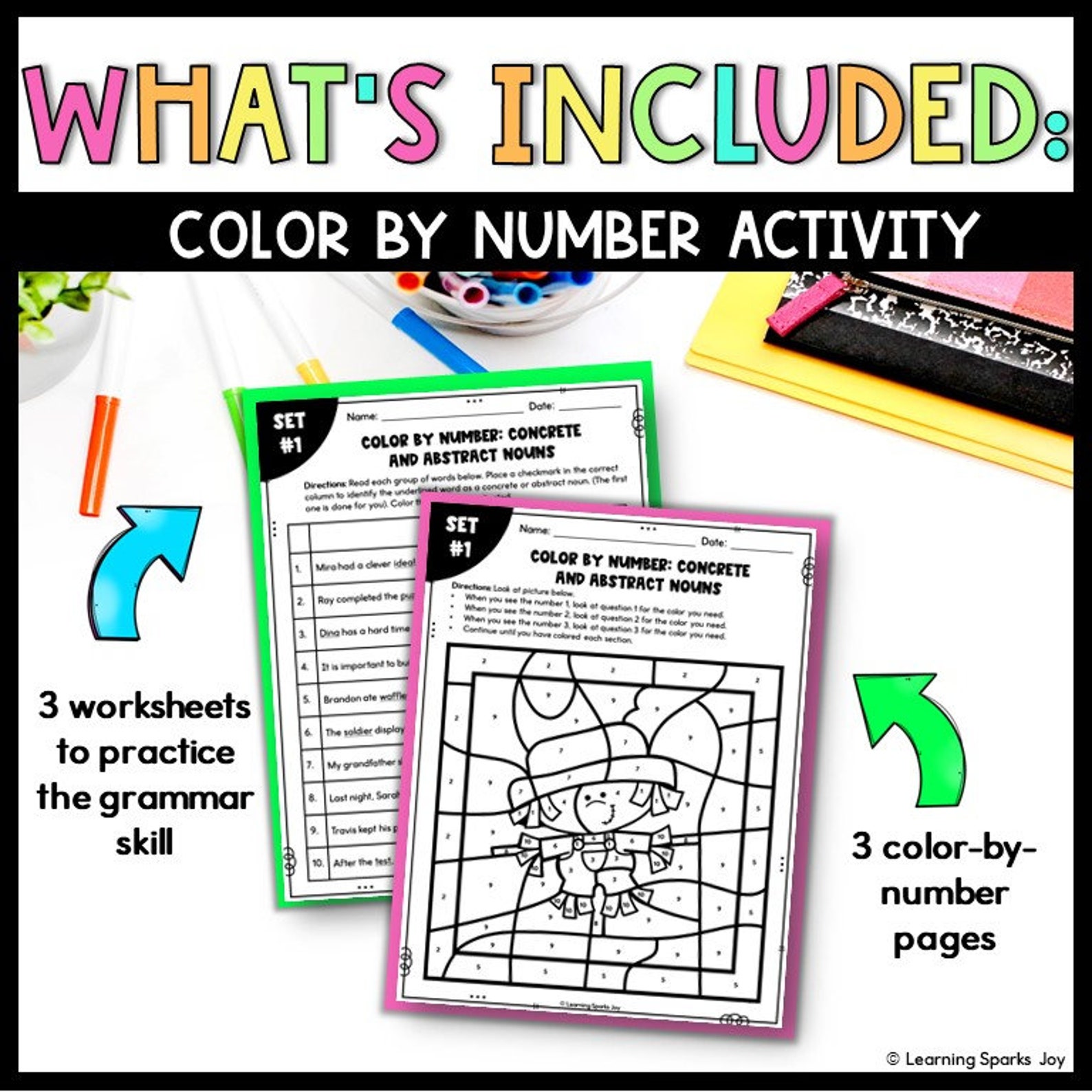 Color by Number Grammar Concrete and Abstract Nouns No Prep Printables ...