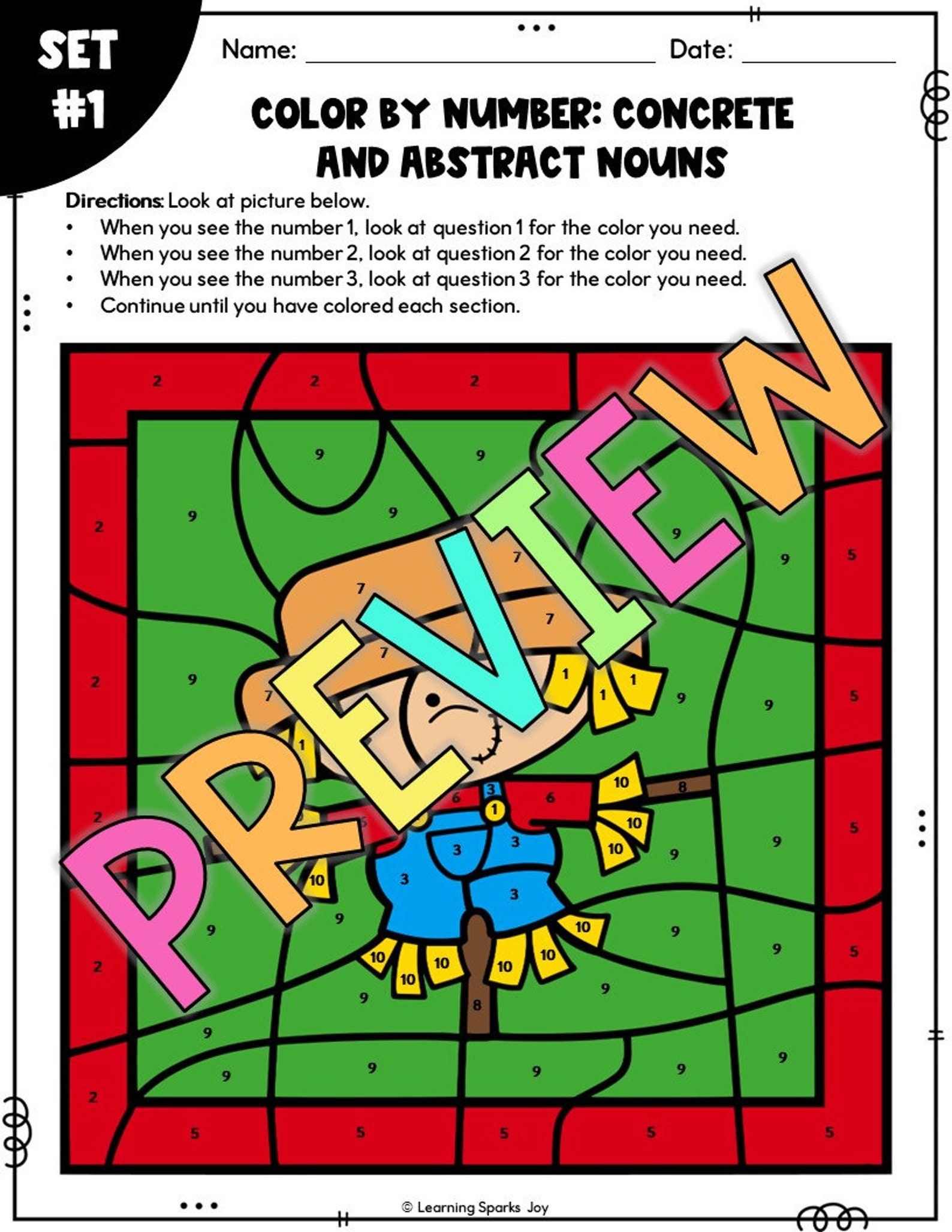 Color by Number Grammar Concrete and Abstract Nouns No Prep Printables ...