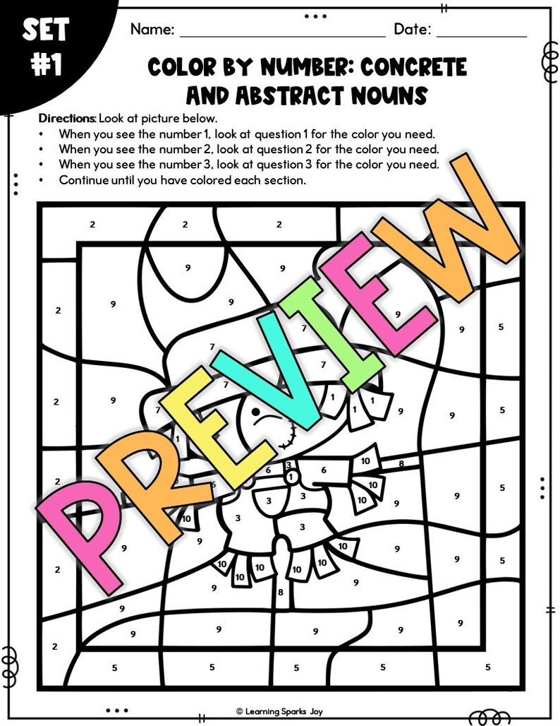 Color by Number Grammar Concrete and Abstract Nouns No Prep Printables ...