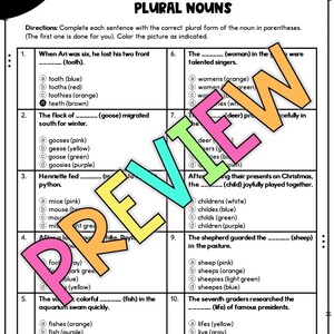 Color by Number Grammar - Irregular Plural Nouns - No Prep Printables ...