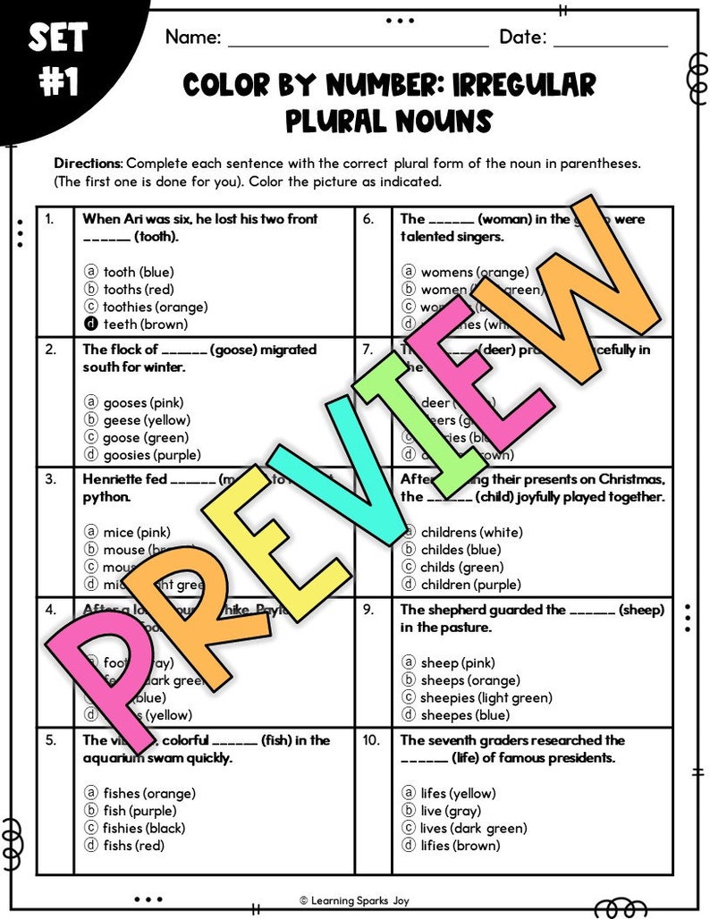 Color by Number Grammar Irregular Plural Nouns No Prep - Etsy