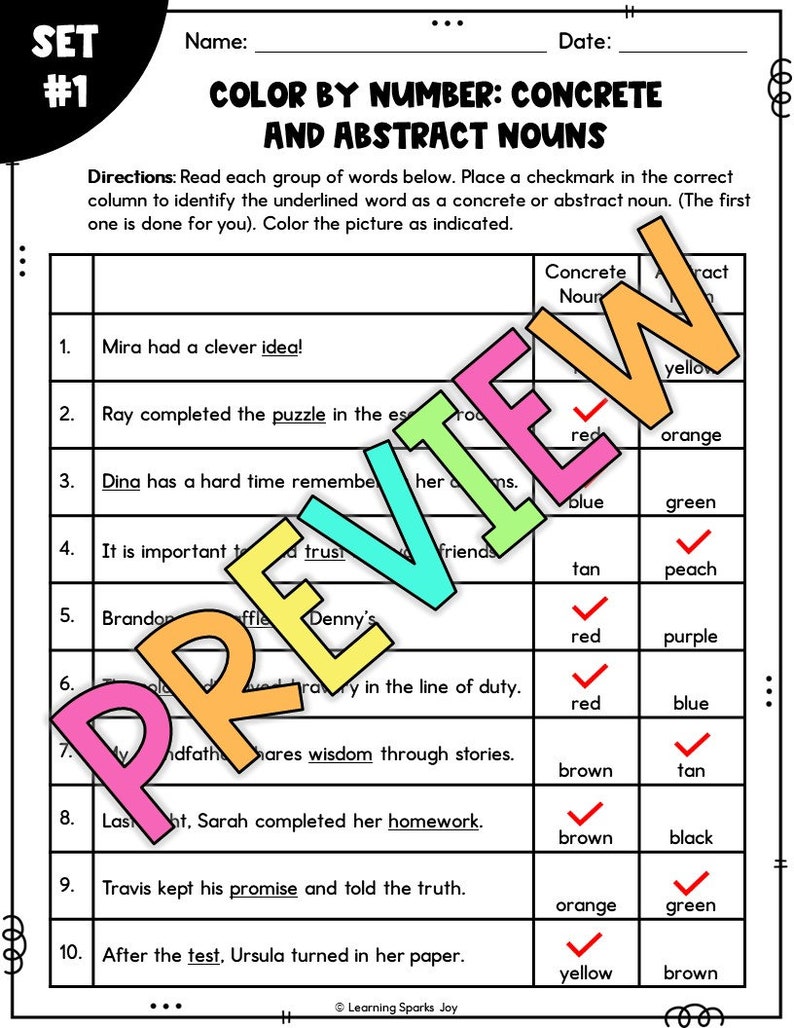 Color by Number Grammar Concrete and Abstract Nouns No Prep Printables ...