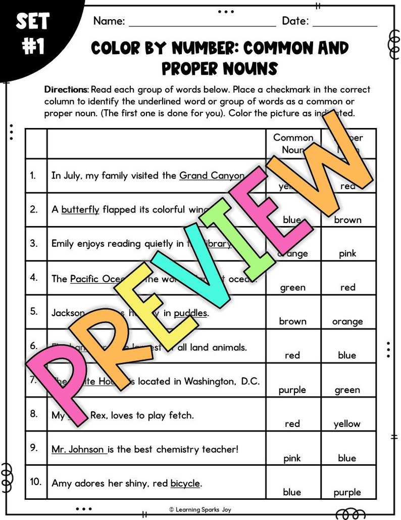 Color by Number Grammar - Common and Proper Nouns - No Prep Printables ...