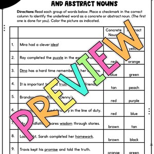 Color by Number Grammar Concrete and Abstract Nouns No Prep Printables ...