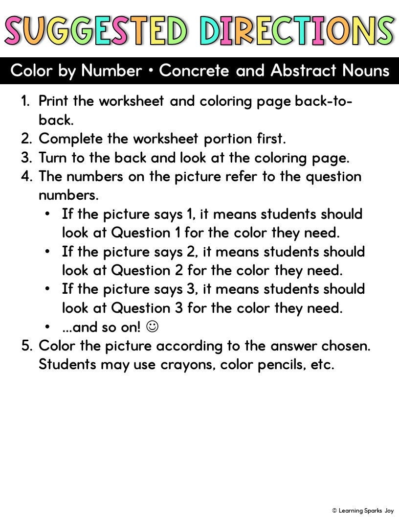 Color by Number Grammar Concrete and Abstract Nouns No Prep Printables ...