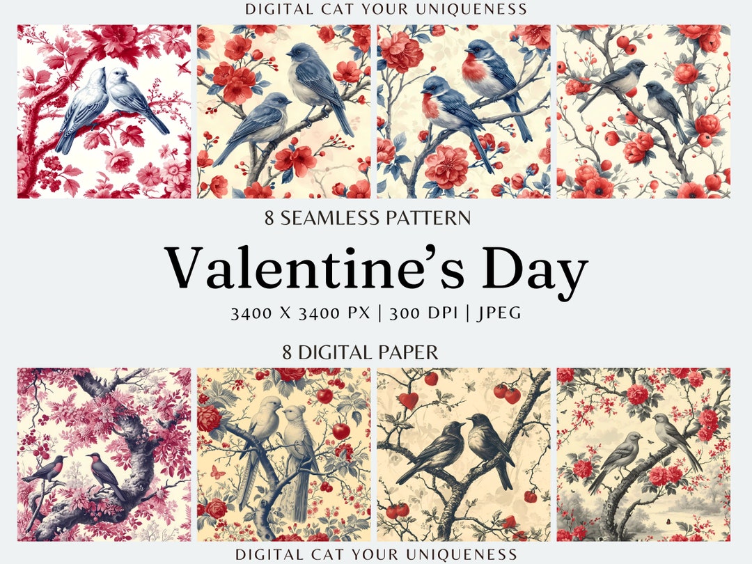 Watercolor Valentines Seamless Patterns: Vintage Couples, Botanical ...