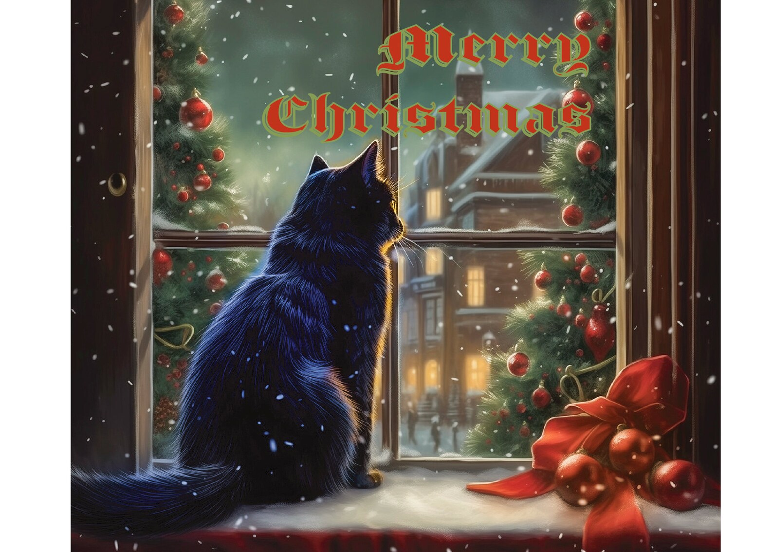 Merry Christmas Miss You - Black Cat Looking Out Window ,snow Gently ...