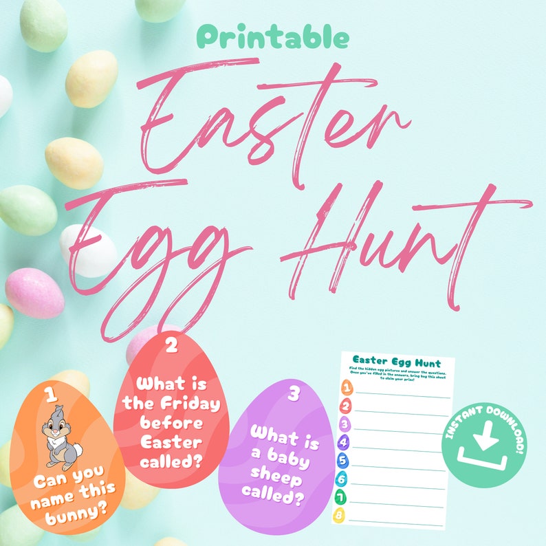 Bright and Fun Easter Egg Hunt Printable - Includes Questions and ...